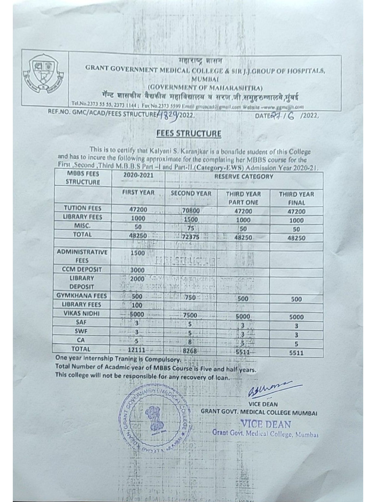 Fee Structure Certificate | PDF