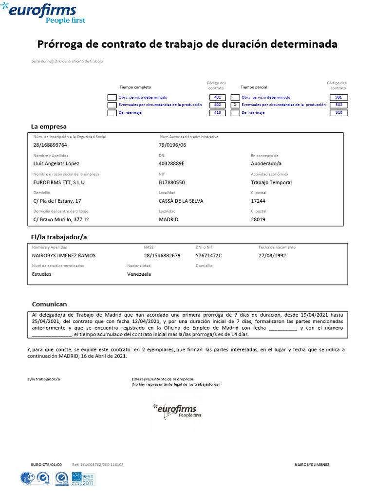 Prórroga de Contrato de Trabajo de Duración Determinada: La Empresa ...