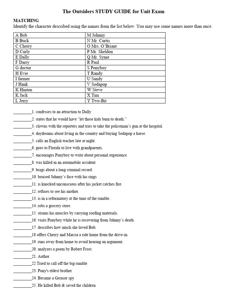 The Outsiders STUDY GUIDE For Unit Exam-Handout | PDF