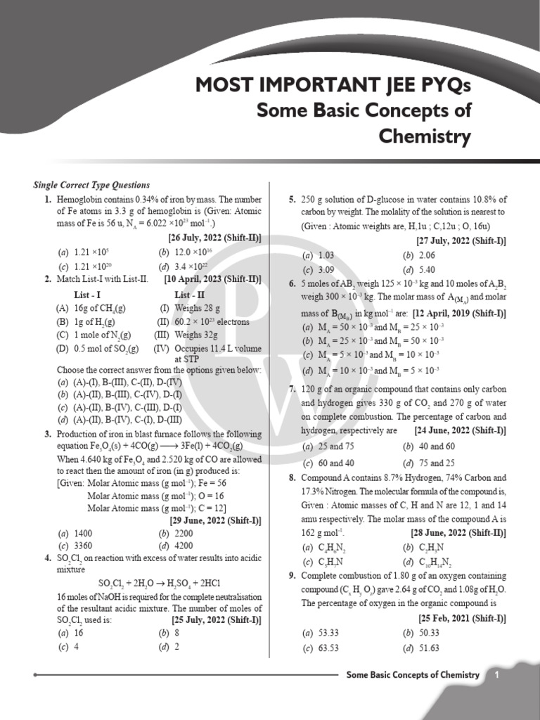 01 - Some Basic Concepts of Chemistry Folder | PDF | Mole (Unit) | Acid