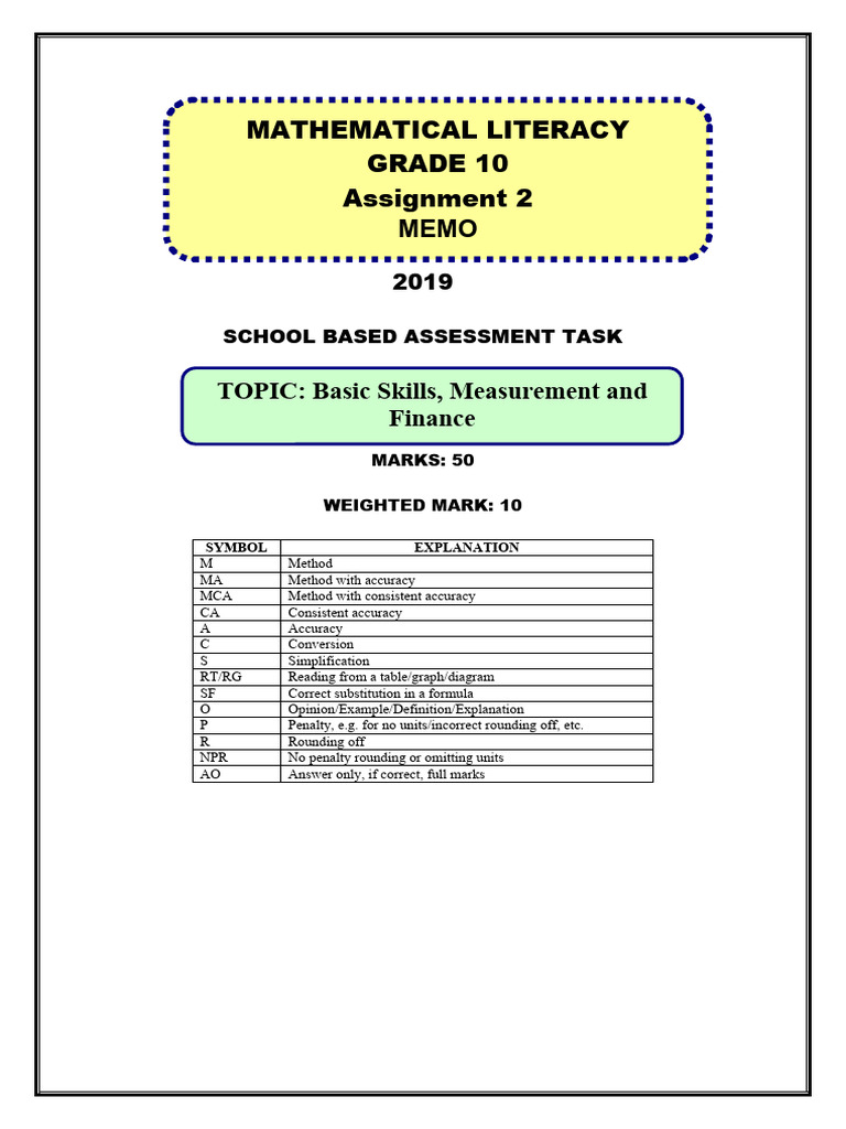Maths Lit Grade 10 SBA Assignment 2 2019 Eng memoFINAL | PDF | Accuracy ...