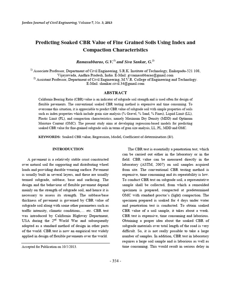 Predicting Soaked CBR Value of Fine Grained Soils Using Index and Compaction Characteristics ...