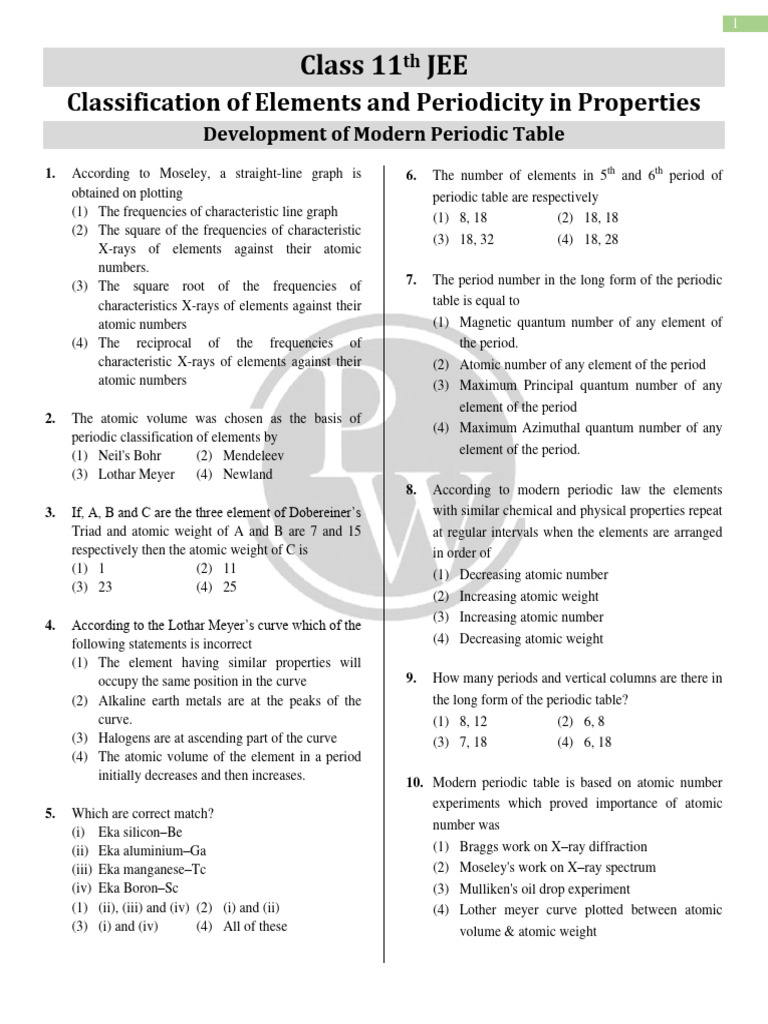 Classification of Elements and Periodicity JEE Questions | Download ...