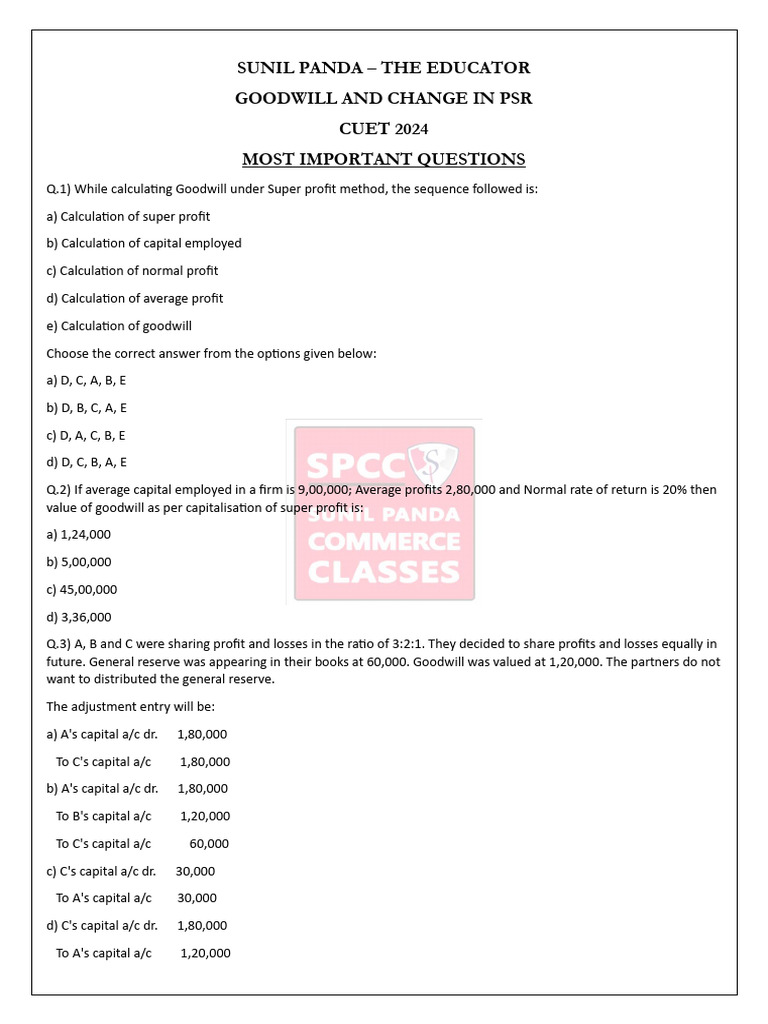 GOODWILL and Change in PSR MCQ CUET Questions - 34245689 - 2024 - 06 - 04 - 19 - 57 | PDF ...