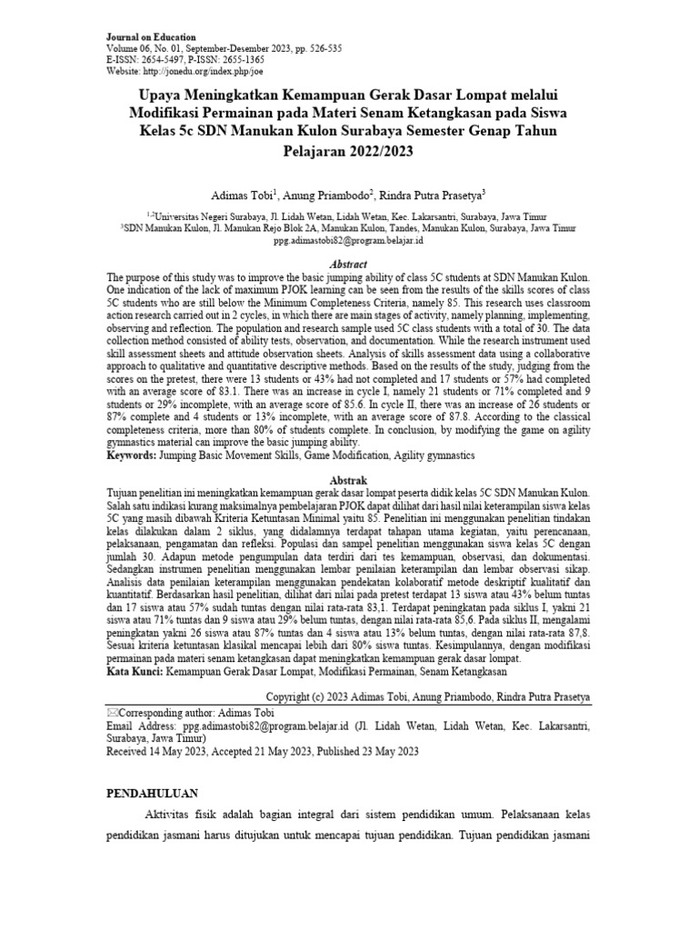 Tobi-Upaya Meningkatkan Kemampuan Gerak Dasar Lompat Melalui Modifikasi Permainan Pada Materi ...