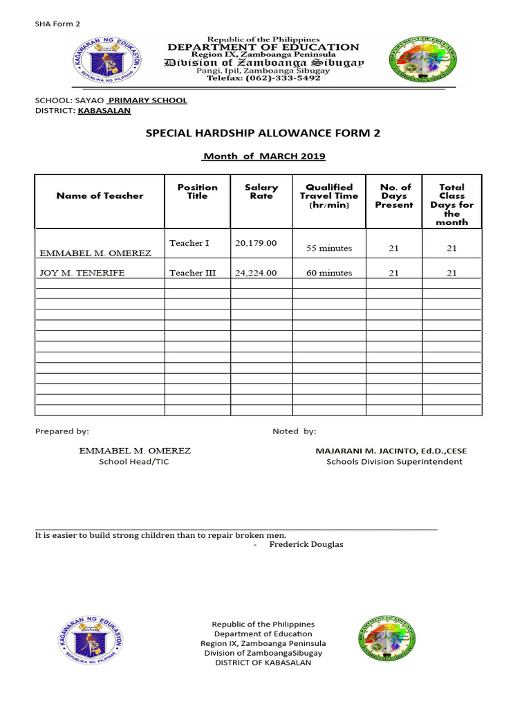 Sayao Primary School SHA Form 2 | PDF