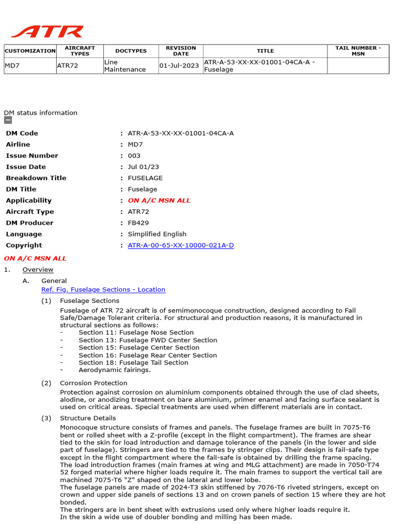 Figure ICN-ATR-A-530000-A-FB429-00VGT-A-001-01 (SHEET 1) - Fuselage Sections | PDF | Fuselage ...