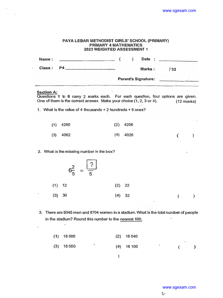 2023-P4-Maths-Weighted Assessment 1-PLMGS | PDF | Methodism | Educational Institutions