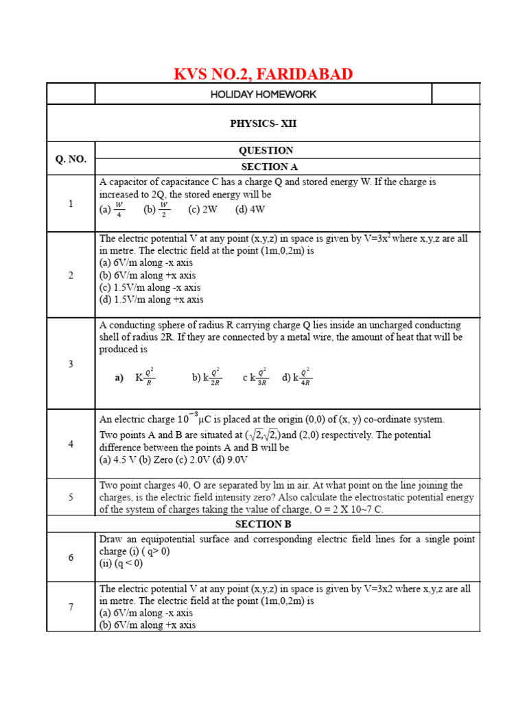 holiday-homework-physics-class-12 | PDF | Electromagnetism | Electricity