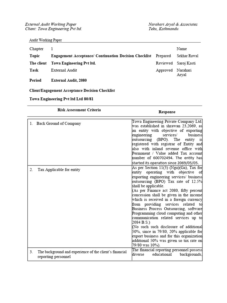 Preliminary Working Paper | PDF | Internal Control | Audit