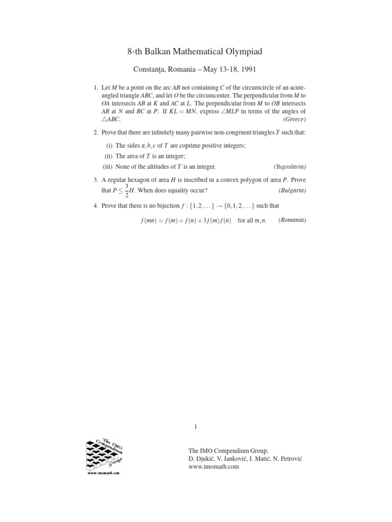 1991 Balkan Mathematical Olympiad Problems | PDF | Art | Science ...