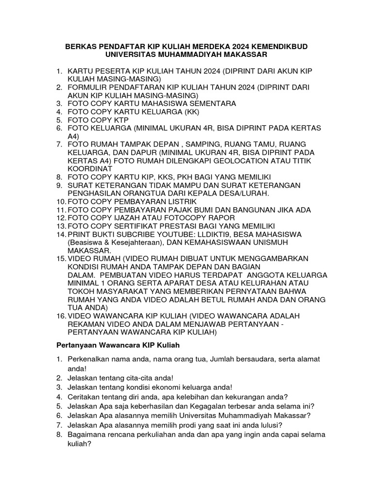 Berkas Pendaftar Kip Kuliah Merdeka 2024 Unismuh | PDF