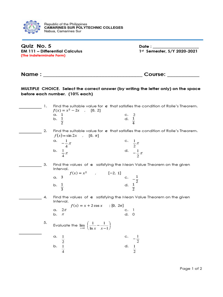 Quiz #5 - Indeterminate Forms | PDF | Functions And Mappings | Mathematical Logic
