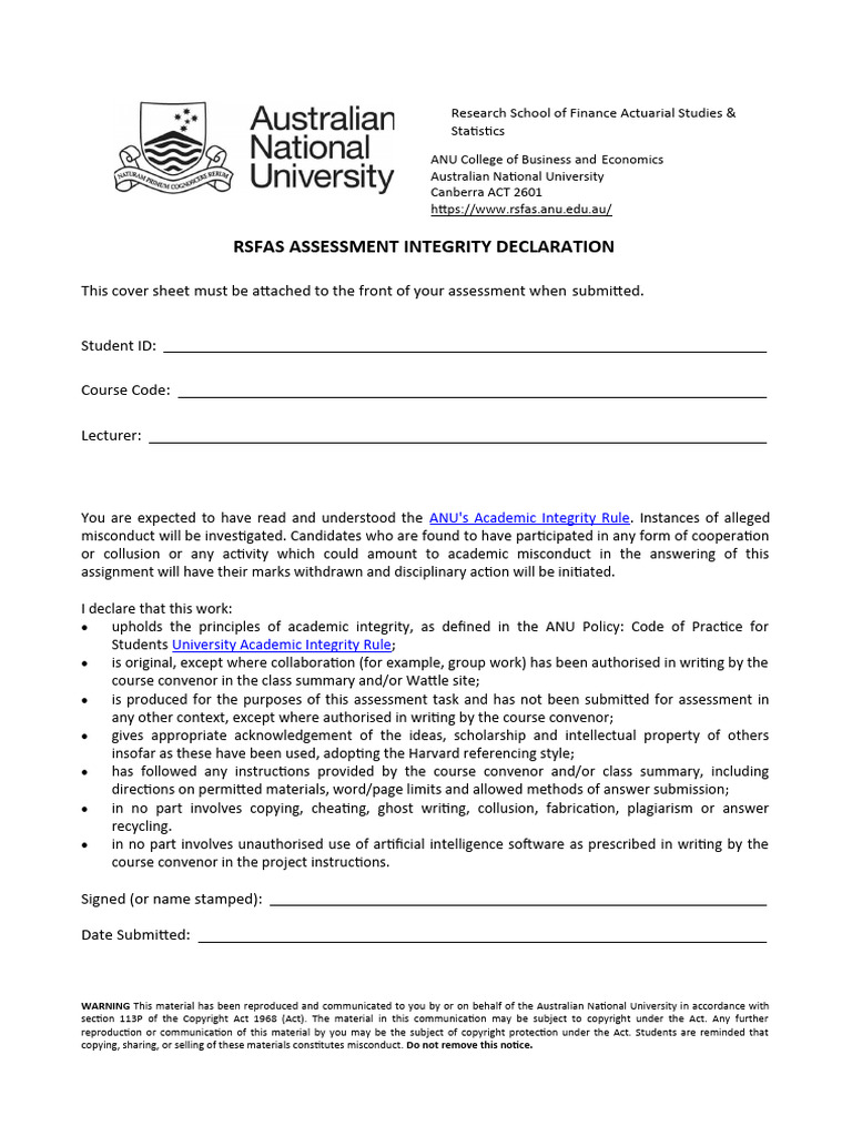 Assessment Integrity Declaration | PDF | Academic Integrity | Plagiarism