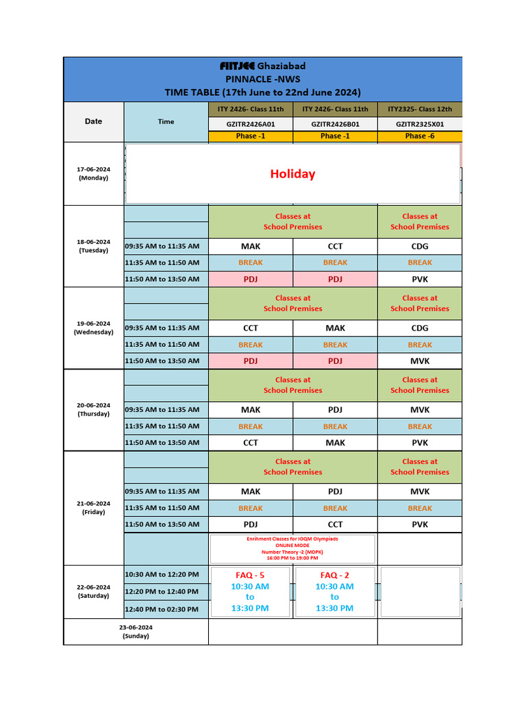 FIITJEE Ghaziabad Class Schedule 2024 | PDF