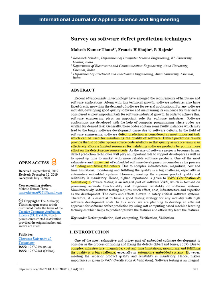Defect Prediction Survey Pdf Machine Learning Reliability Engineering 0969
