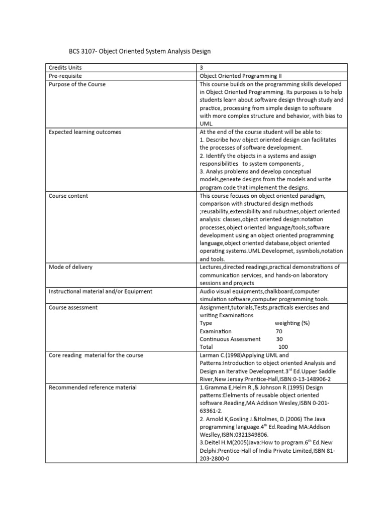 Course Outline For Object Oriented System Analysis Design Pdf Object Oriented Programming