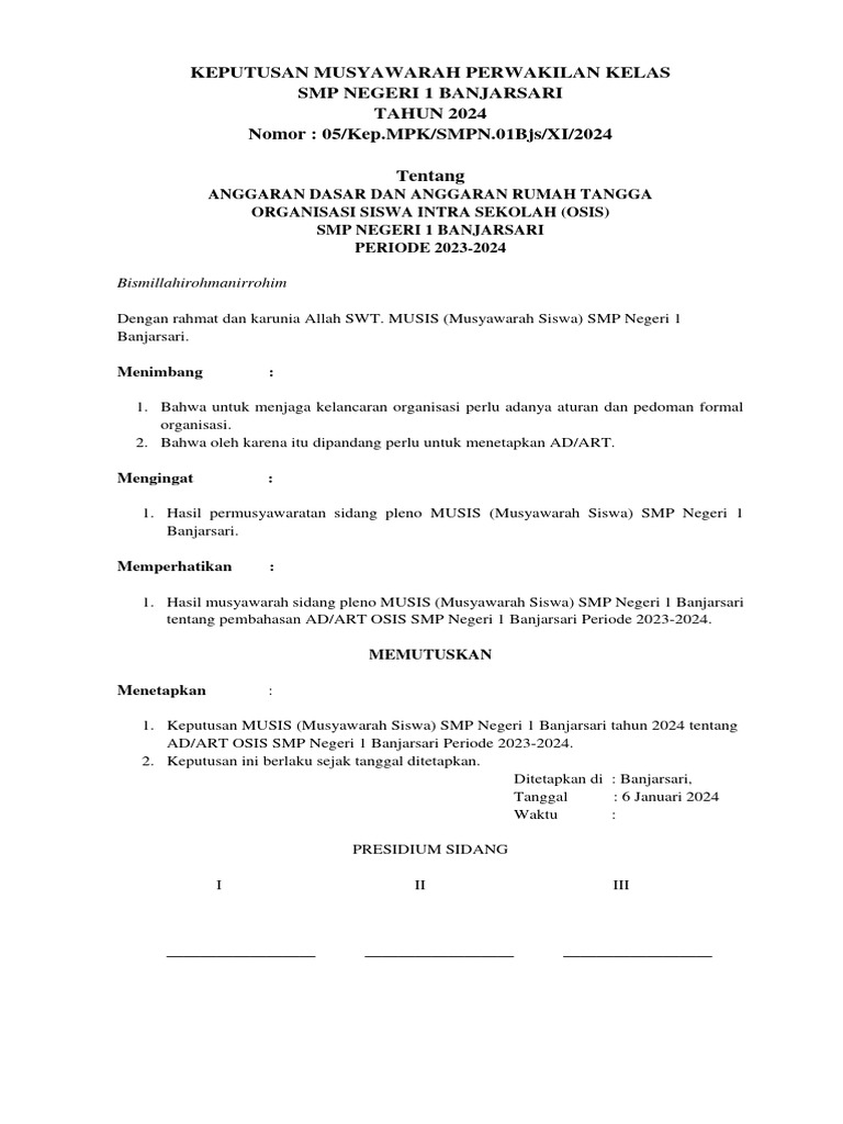 AD/ART OSIS SMPN 1 Banjarsari 2024 | PDF