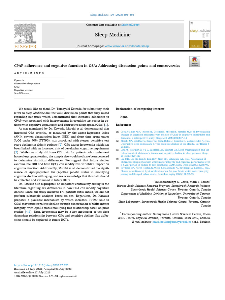 CPAP Adherence and Cognitive Function in OSA Addressing Disc - 2023 ...