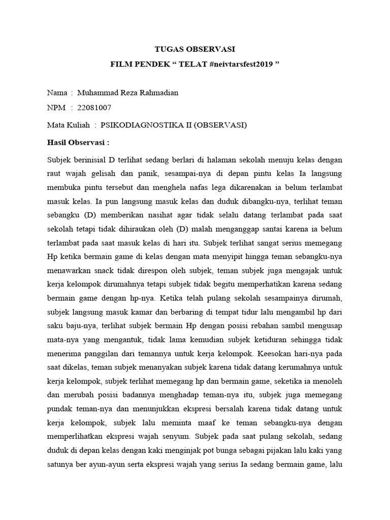 TUGAS UTS Mata Kuliah Psikodiagnostik II (Observasi) | PDF