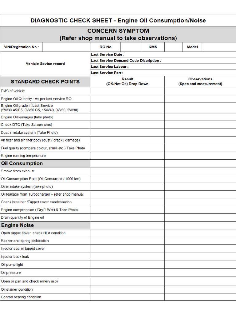 DIAGNOSTIC CHECK SHEET - Engine Oil Consumption Noise | PDF