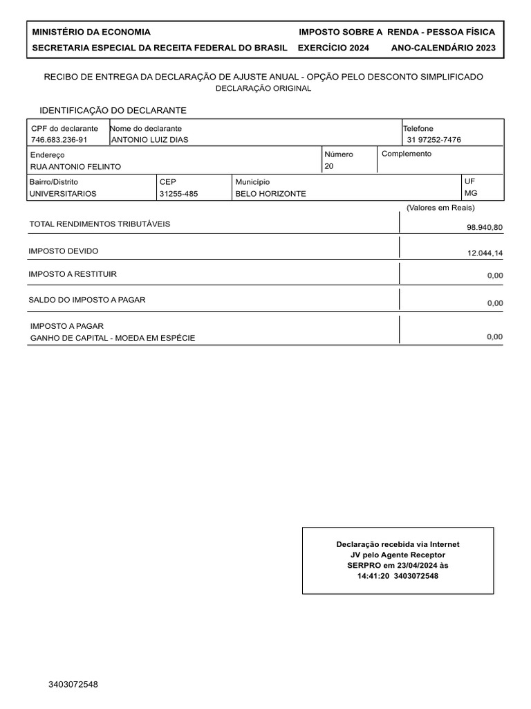 Recibo Irpf Antonio | PDF | Imposto de Renda | Impostos
