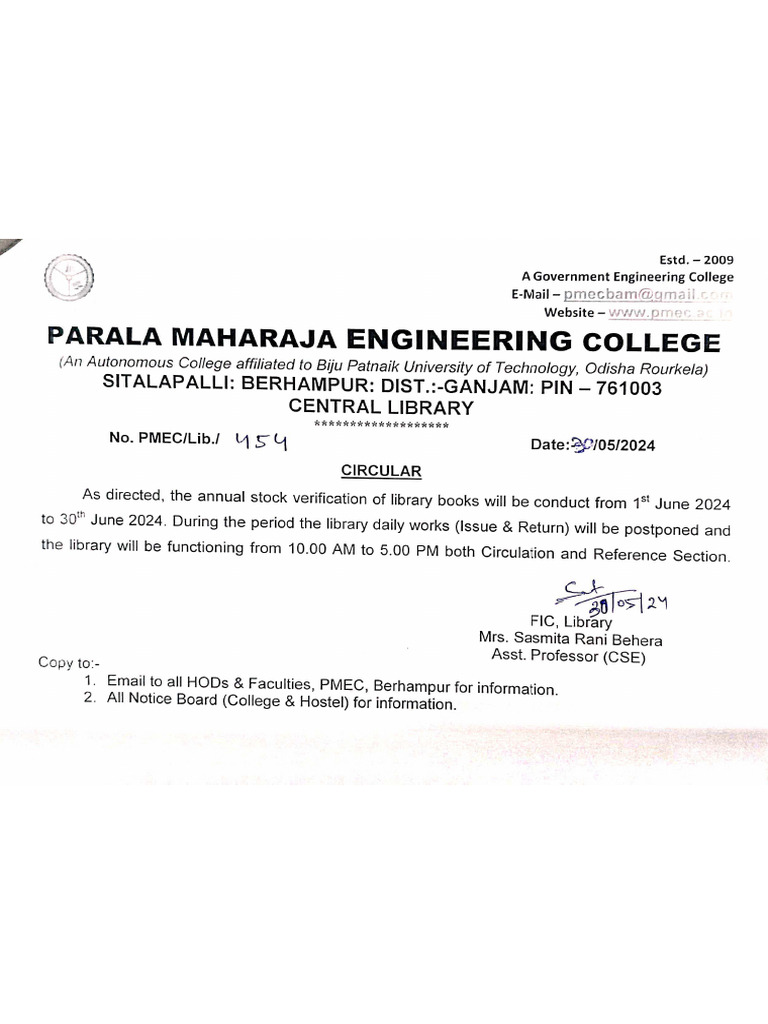 NOTICE For Library Opening and Closing Time | PDF