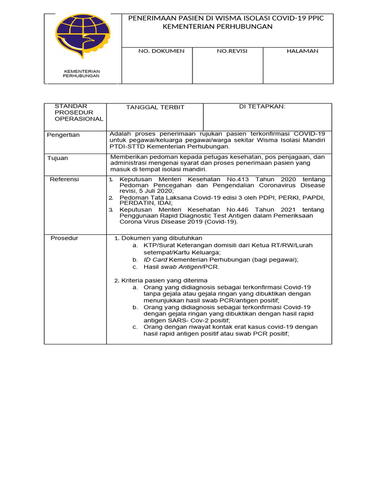 Sop Penerimaan Pasien Di Wisma Isolasi Covid-19 Ppic | PDF
