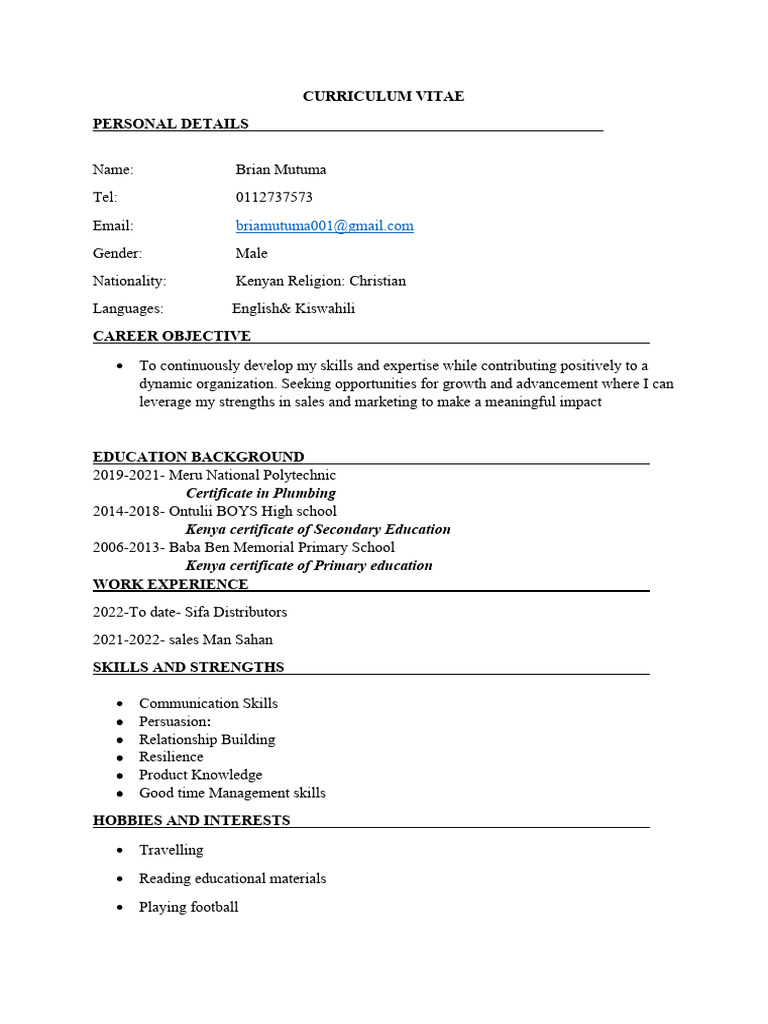 Brian Mutuma CURRICULUM VITAE | PDF