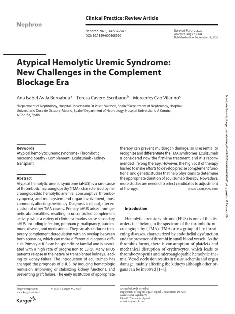 Atypical Hemolytic Uremic Syndrome New Challenges in The Complement Blockage Era | PDF ...