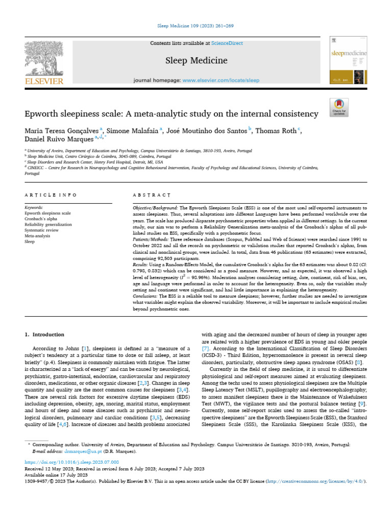 Epworth Sleepiness Scale A Meta Analytic Study On The Inte 2023 Sleep Medic | PDF | Systematic ...