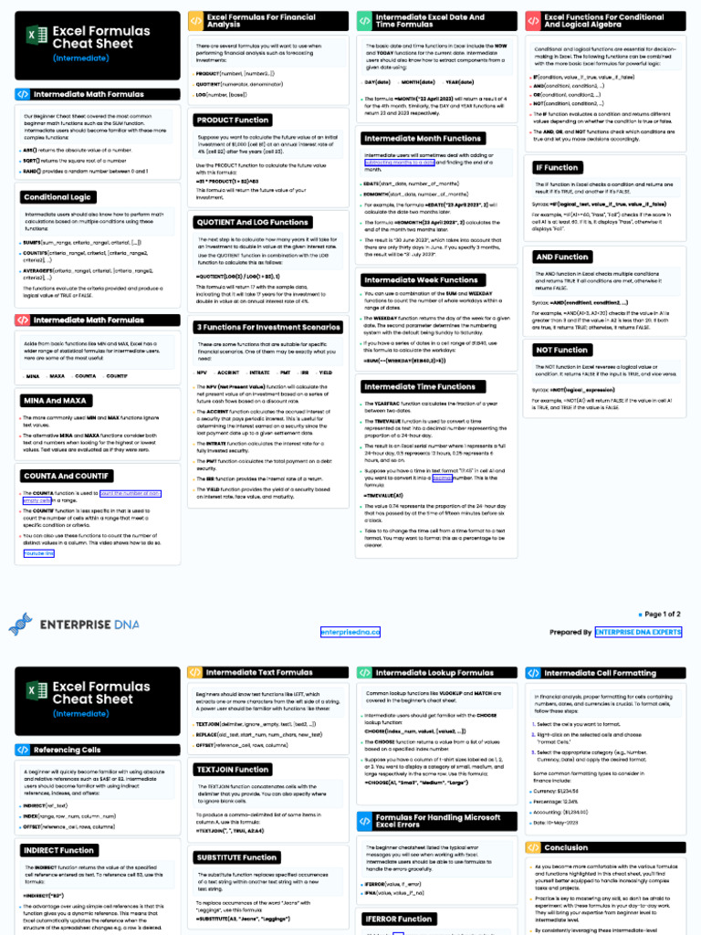 Excel Formulas Cheat Sheet Advanced 1 1 | PDF | Net Present Value ...