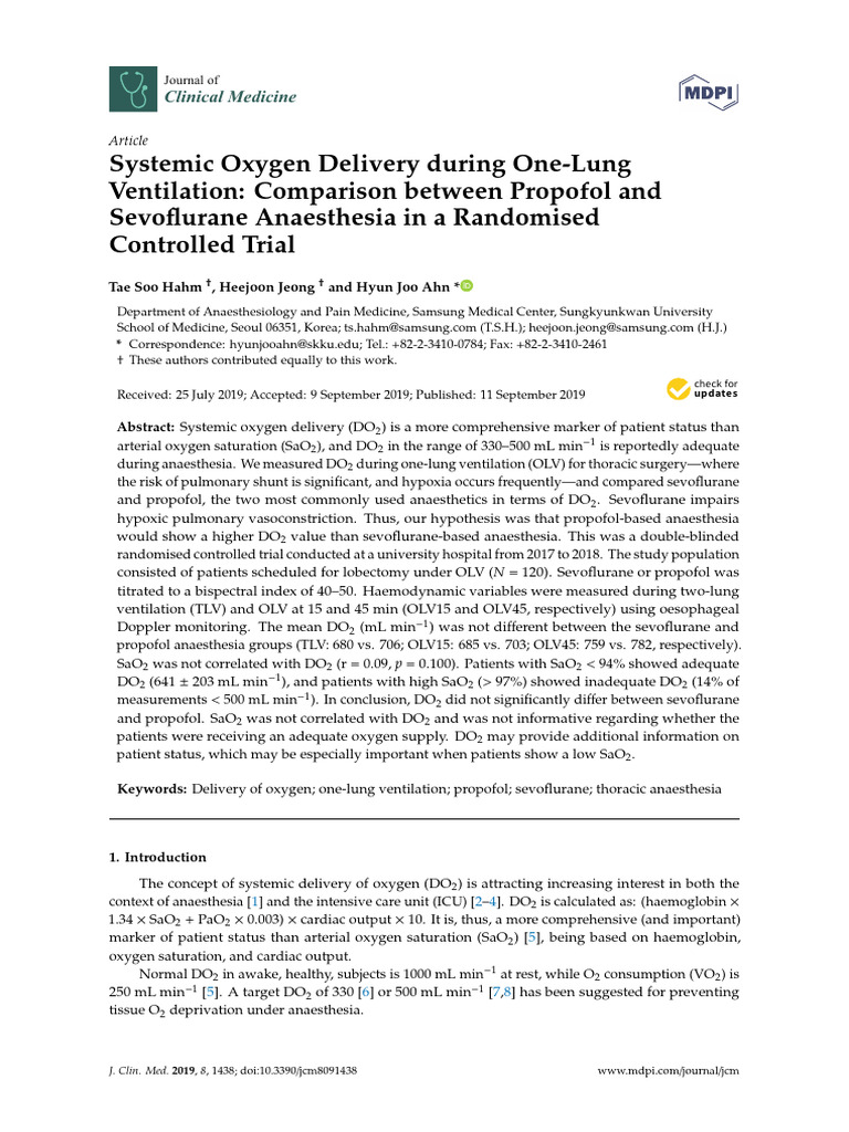 Systemic Oxygen Delivery During One-Lung Ventilation - Comparison ...