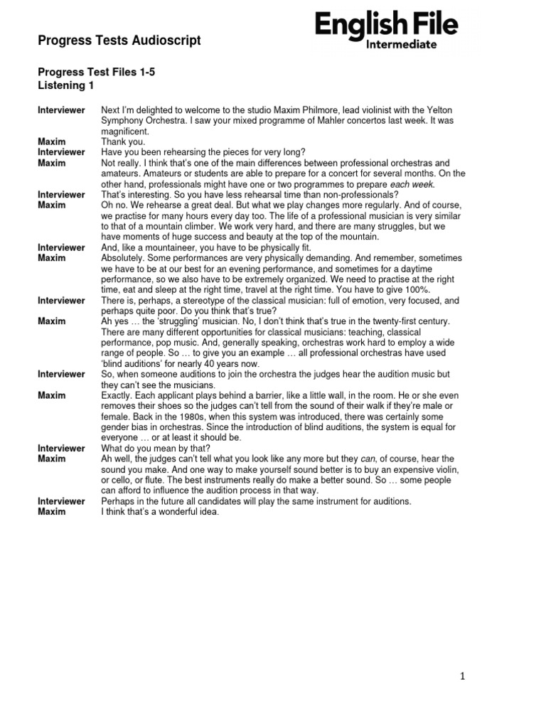EF4e Int Audioscript Progress | PDF | Orchestras | Audition
