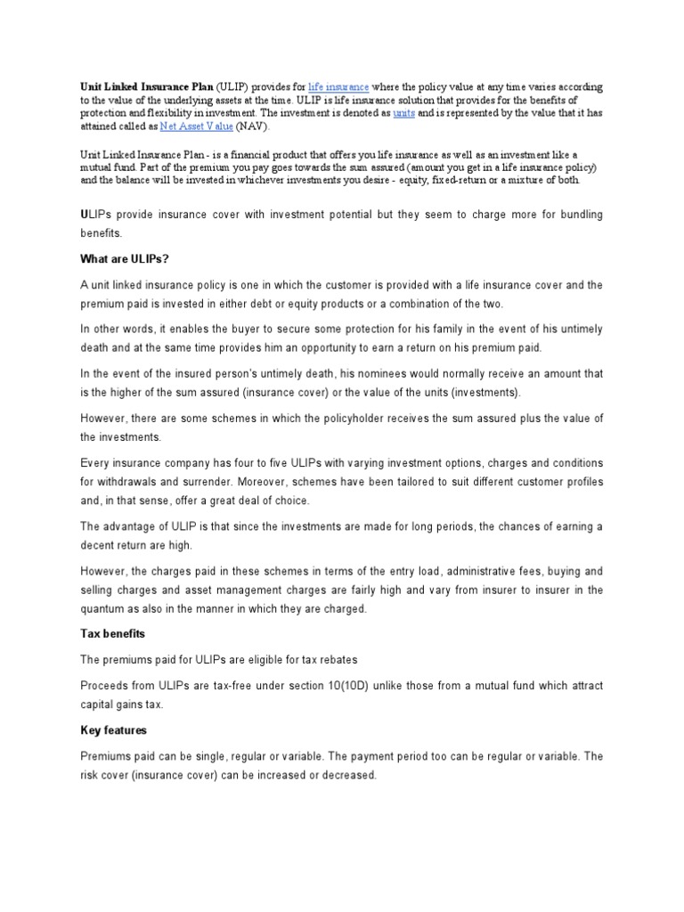 Unit Linked Insurance Plan | PDF | Life Insurance | Insurance