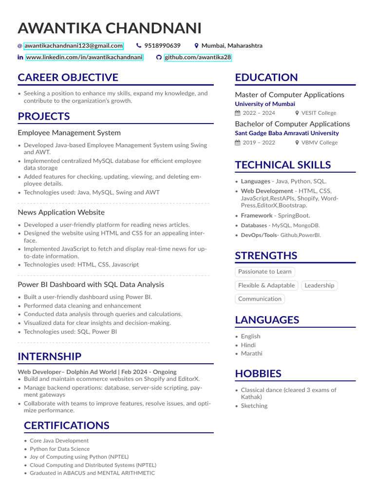 Awantika Chandnani Resume | PDF | Web Development | Computer Science