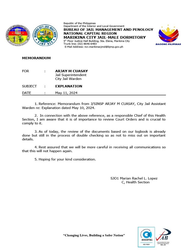 Marikina City Jail Health Section Memo | PDF | Law