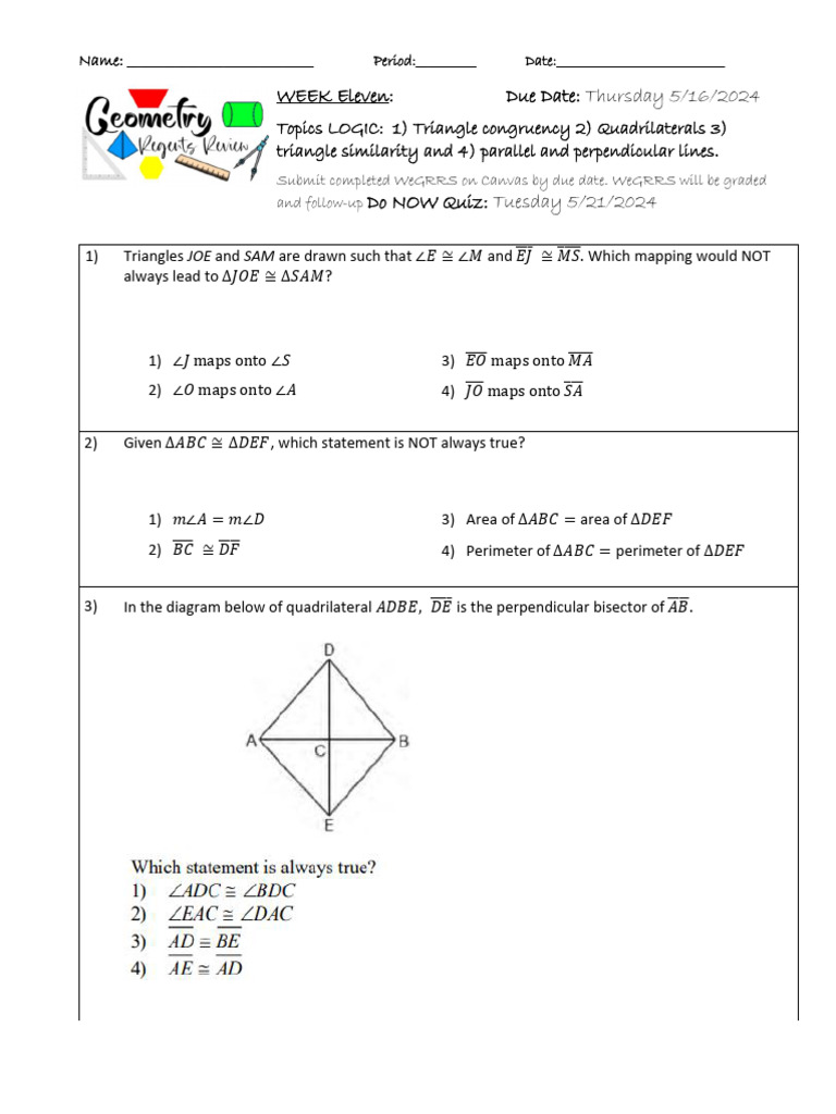 Week 11 Triangle Congruency Quad Parallel Perp 2024 | PDF ...
