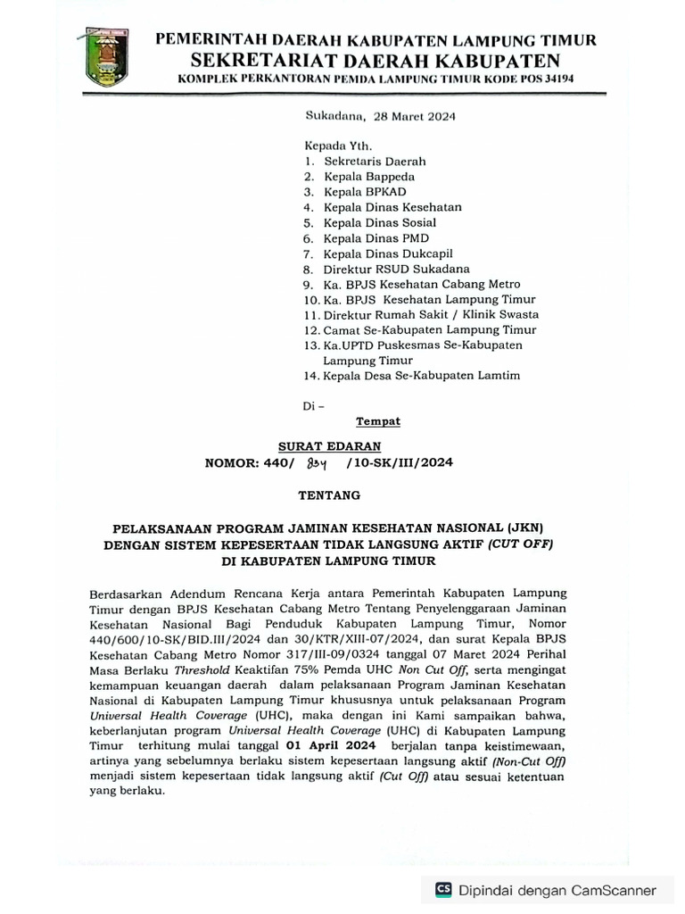 Surat Edaran UHC Cut Off | PDF