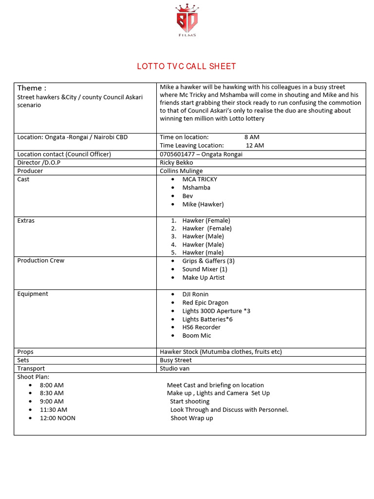 Call Sheet | PDF | Photography Equipment