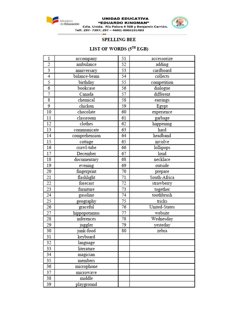 5th Grade Spelling Bee Word List | PDF