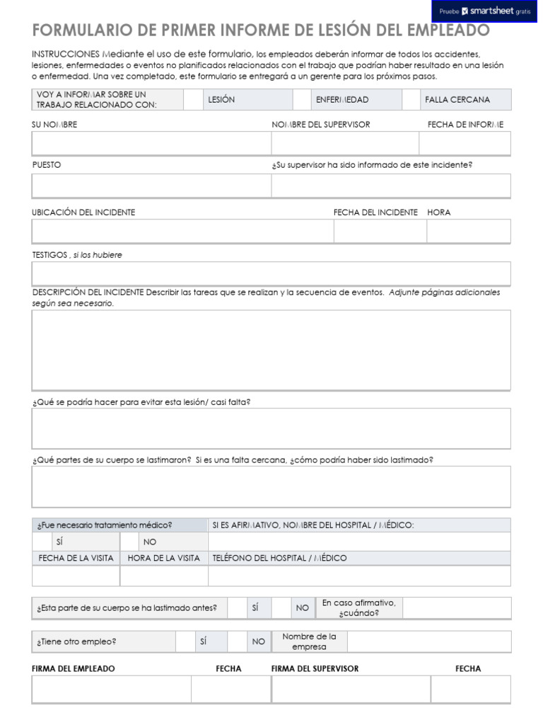 IC Employee First Report of Injury Form Template 10691 - WORD - ES | PDF