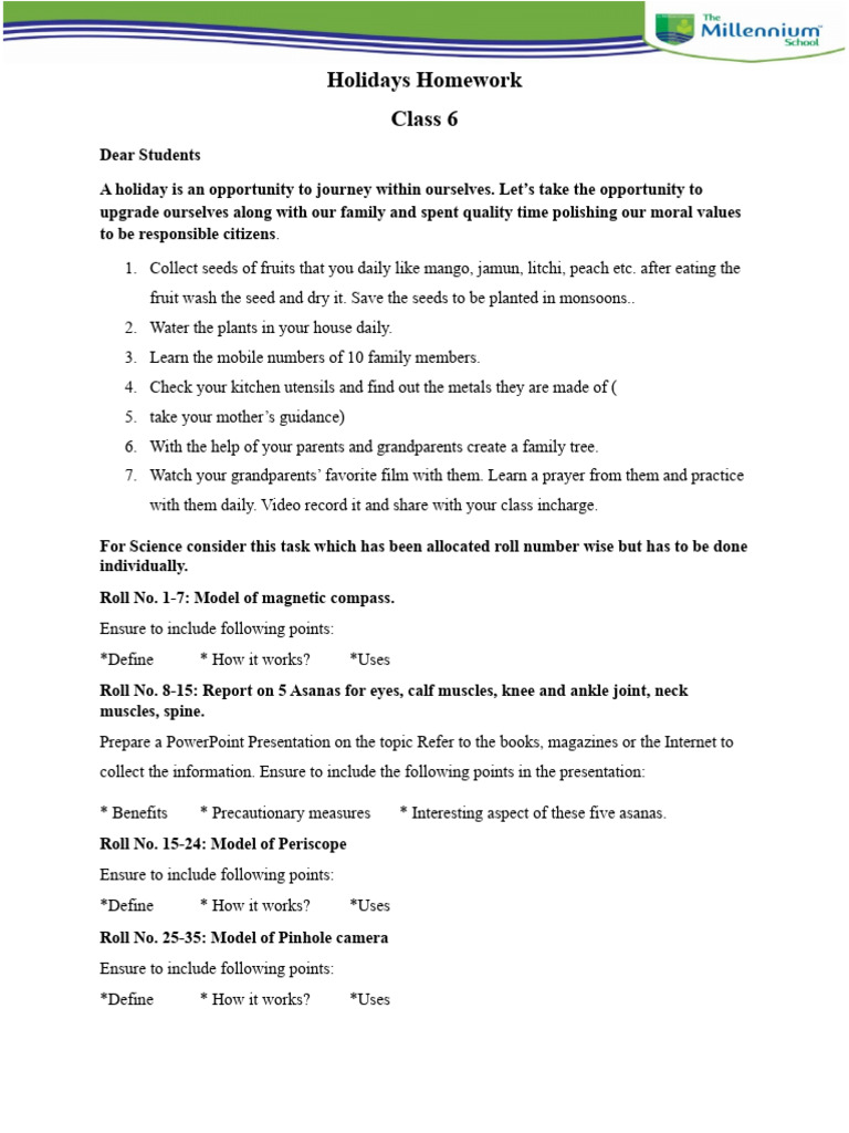 Holidays Homework Class 6 Pdf