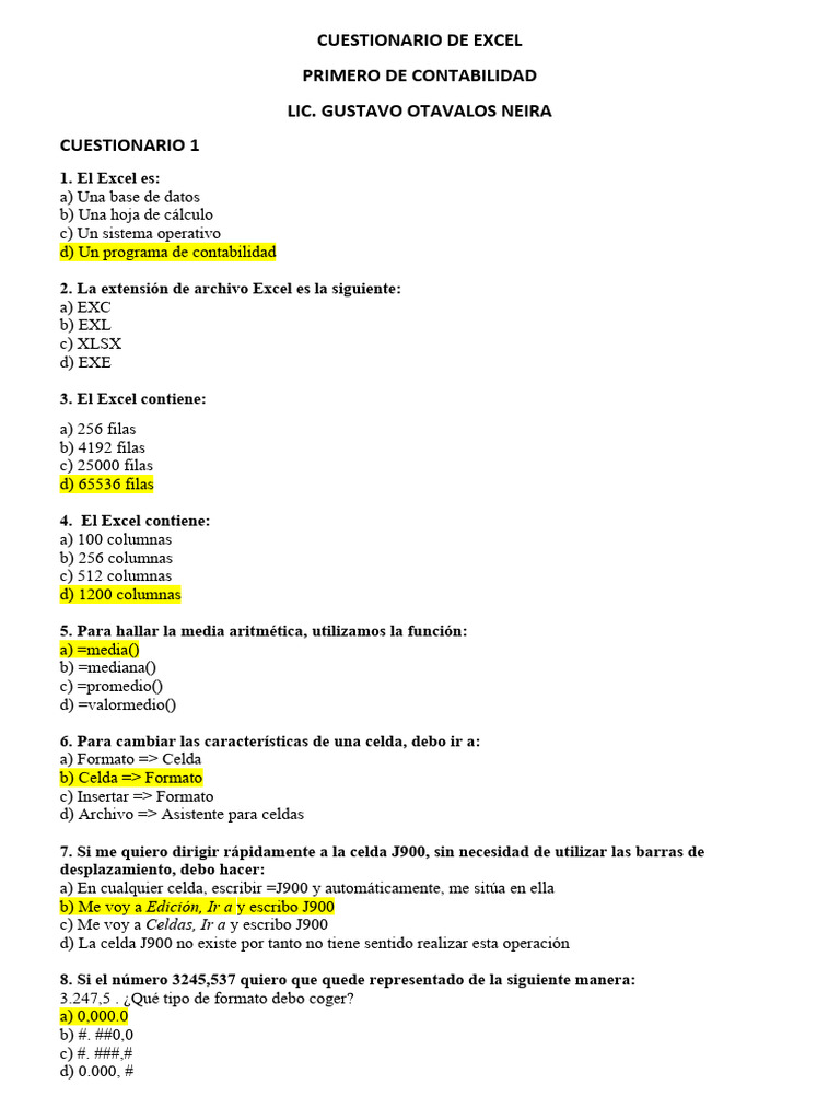 Cuestionario De Excel 1cont Descargar Gratis Pdf Microsoft Excel 4332