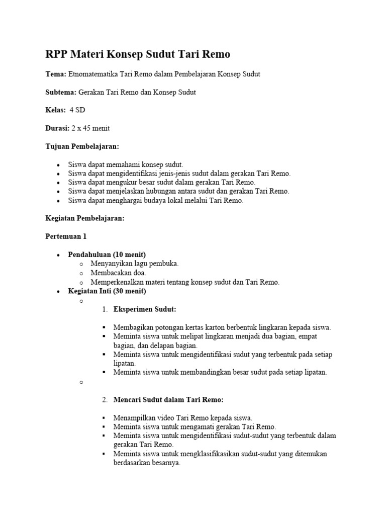 RPP Materi Konsep Sudut Tari Remo Kelas 4 SD | PDF