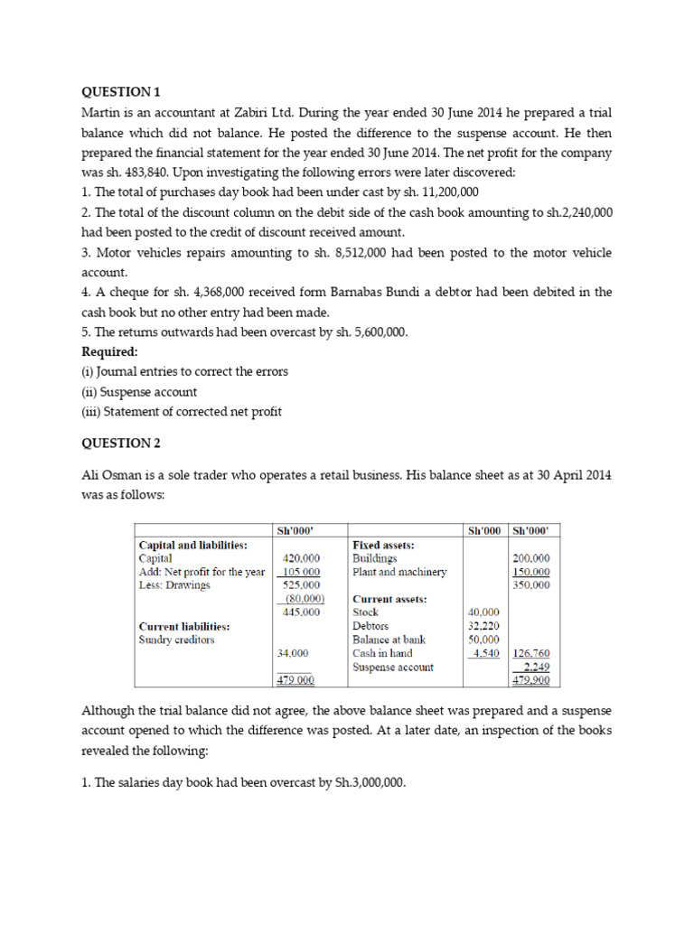 Exercises On Errors Suspense Account And Control Accounts Pdf