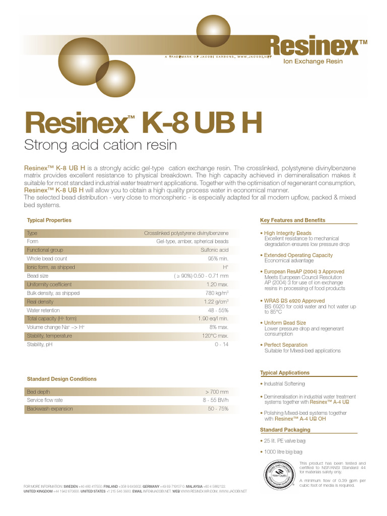 Jacobi TDS Resinex K8ubh A4 Eng A0816 | PDF | Ion Exchange | Materials