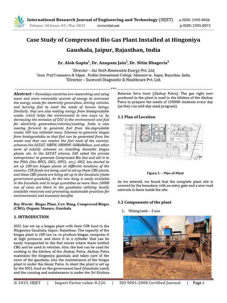 Case Study of Compressed Bio Gas Plant Installed at Hingoniya Gaushala_compressed | PDF ...