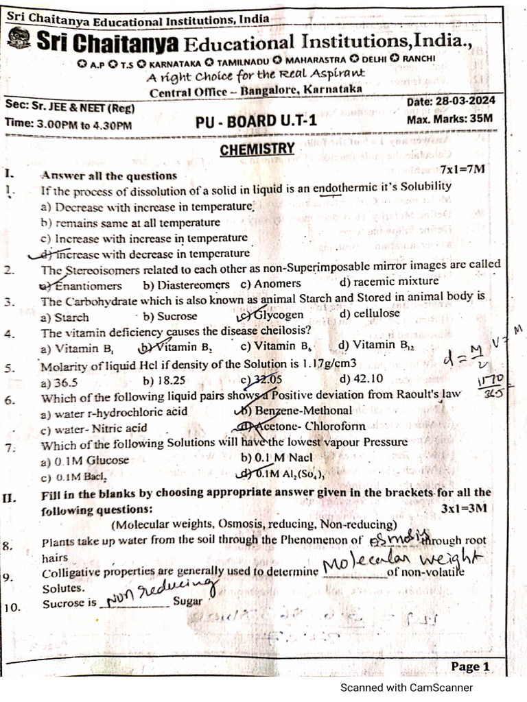 Chemistry UT 1 Answer Key | PDF