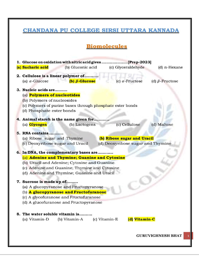 Biomolecules MCQs | PDF